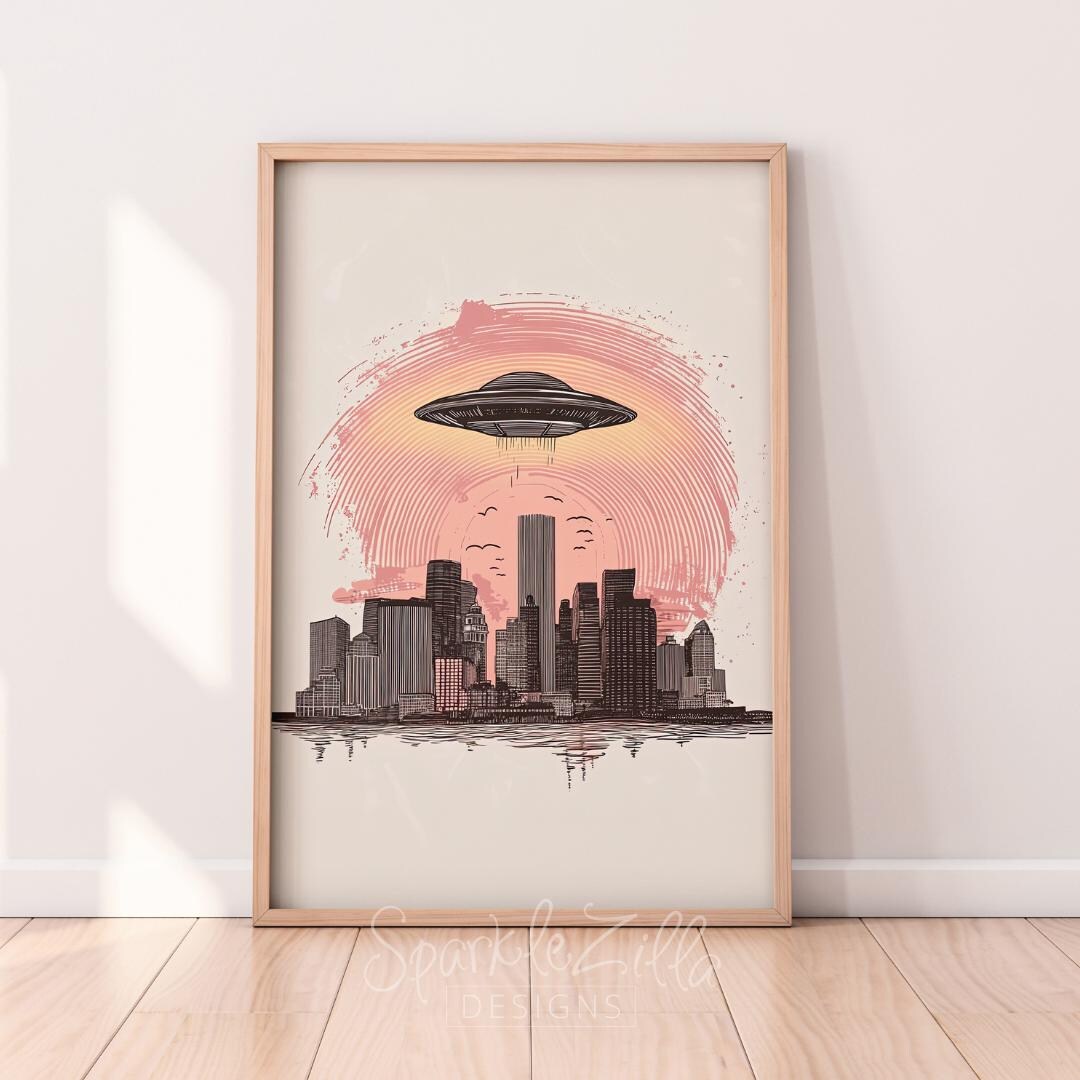 Vintage UFO Over Boston Harbor Printable Wall Art | Alien Abduction Art Space Wall Art | City of ...