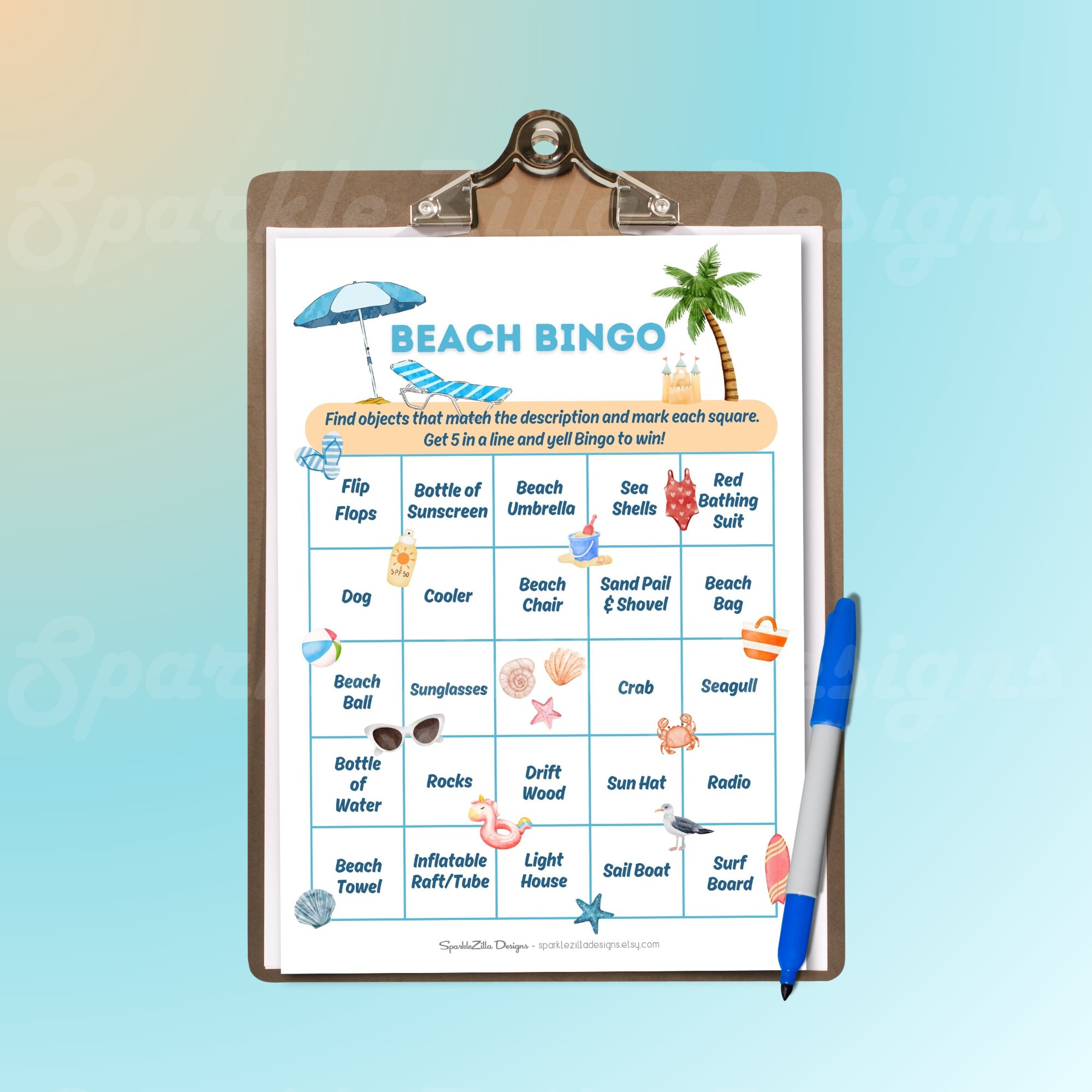 Beach Theme Bingo Game | Party Game Ideas | Beach Bridal Shower Games ...