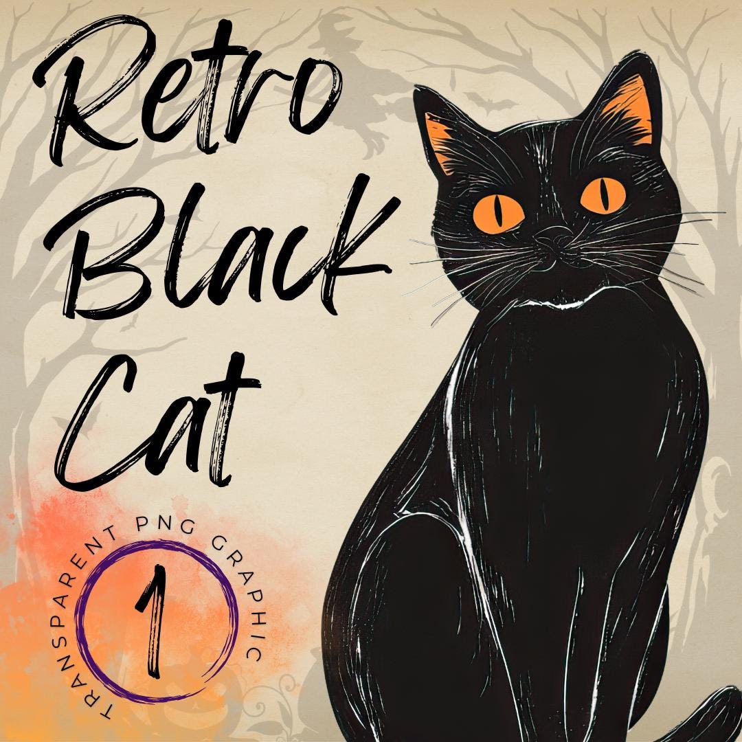 Retro Black Cat Png | Retro Halloween Cat PNG | Vintage Black Cat PNG ...
