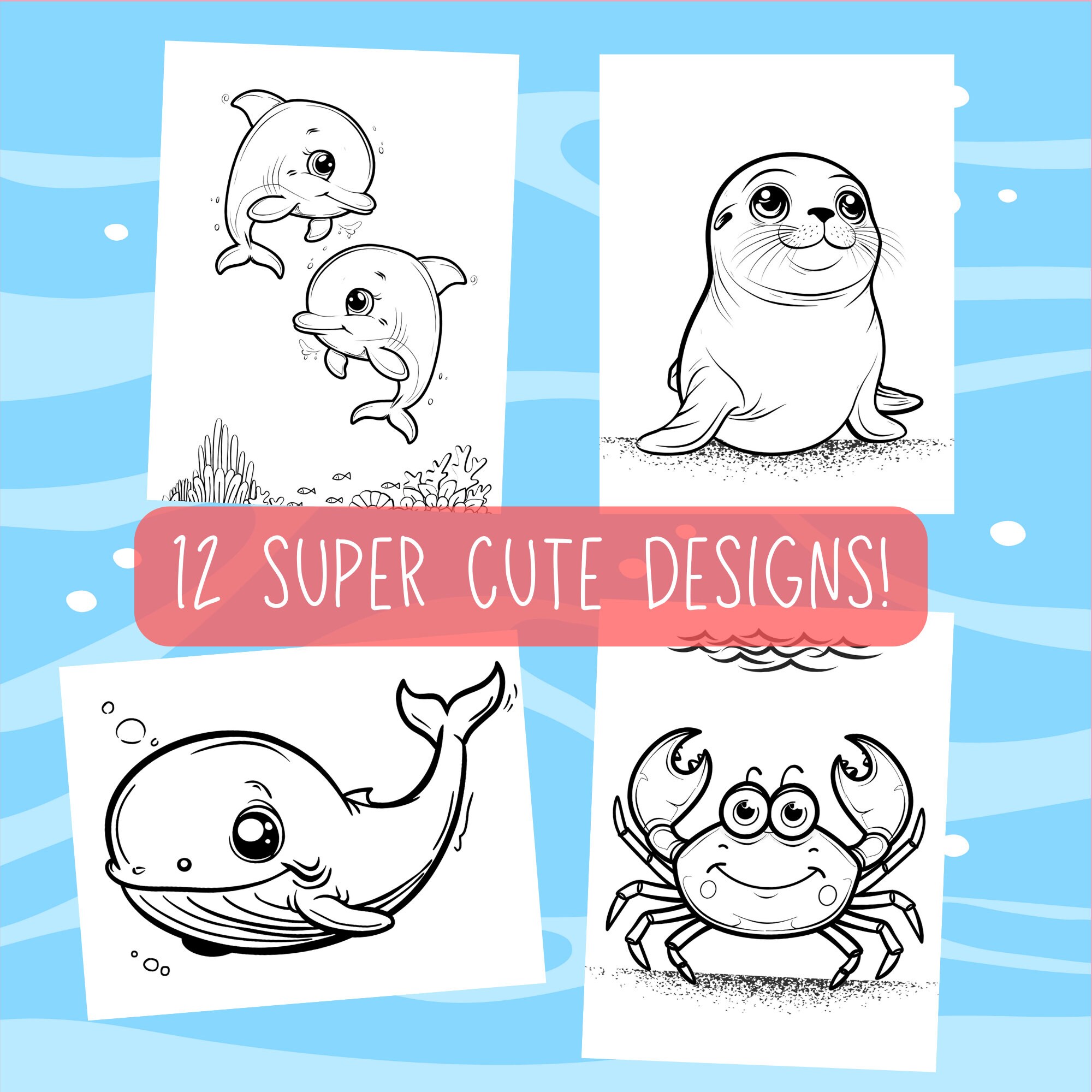 Kawaii Sea Animals Coloring Pages: Kids Ocean Activity (digital ...