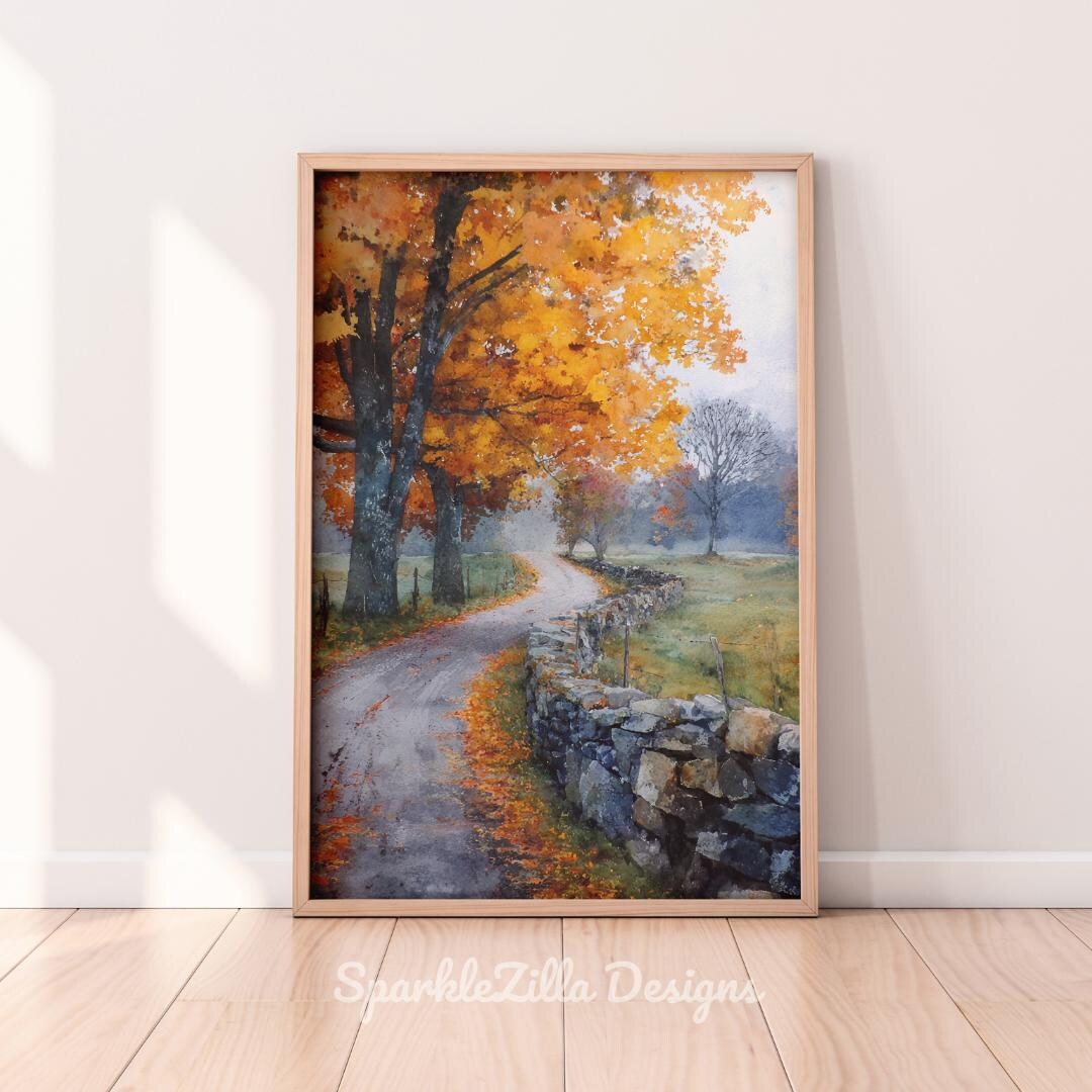 New England Fall Country Road Wall Art – Rustic Stone Wall & Autumn ...