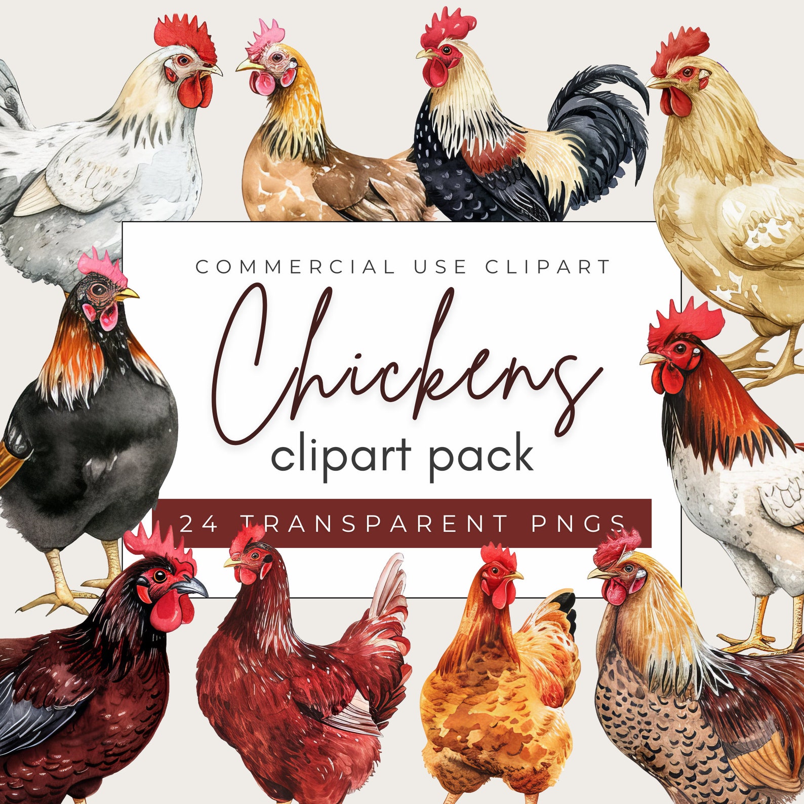 Chicken Clipart | Farm Animals Clipart | Chicken Watercolor | Chicken ...