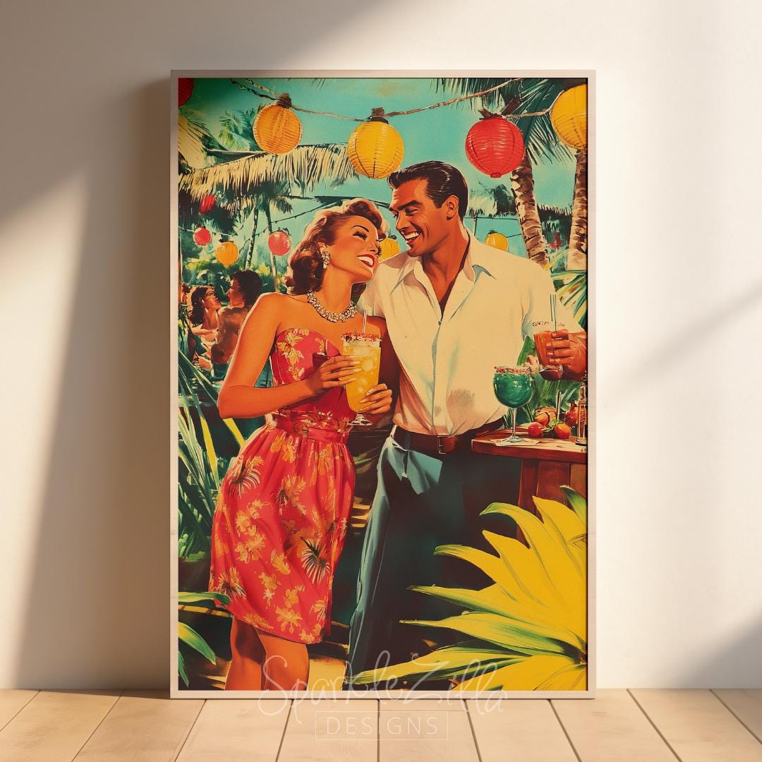 Vintage Tiki Bar Couple Printable Wall Art | Atomic Tiki Prints | Retro ...