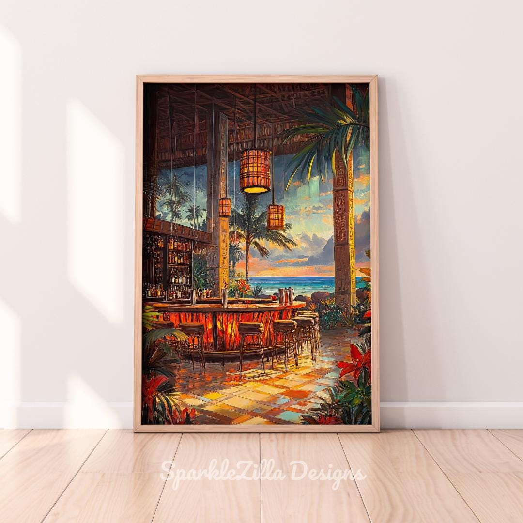 Vintage Tiki Bar Printable Wall Art | Moody Tiki Bar Art | Vintage Pulp ...