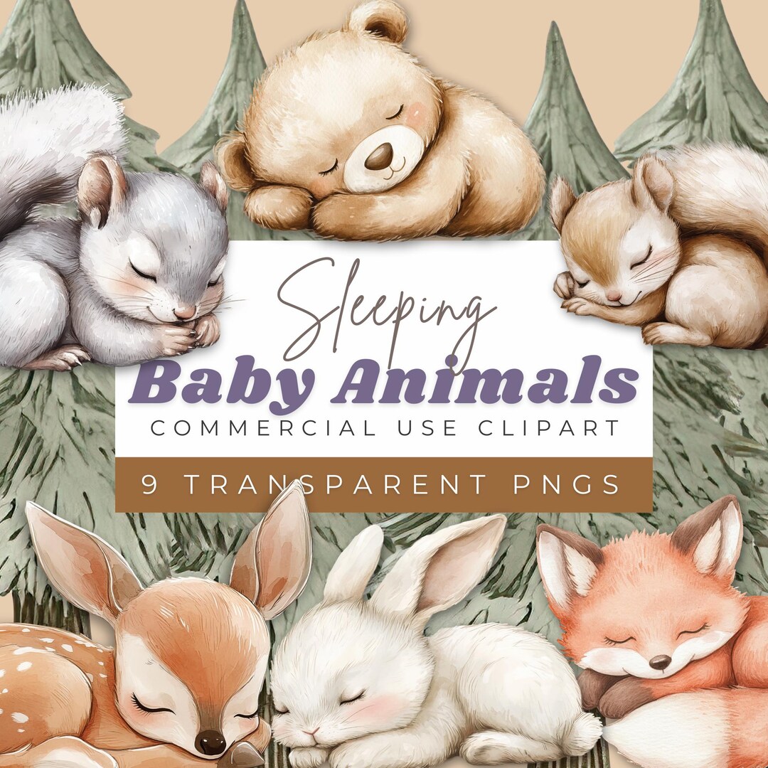 Watercolor Sleeping Baby Animals Clipart: Boho Nursery Decor (digital ...