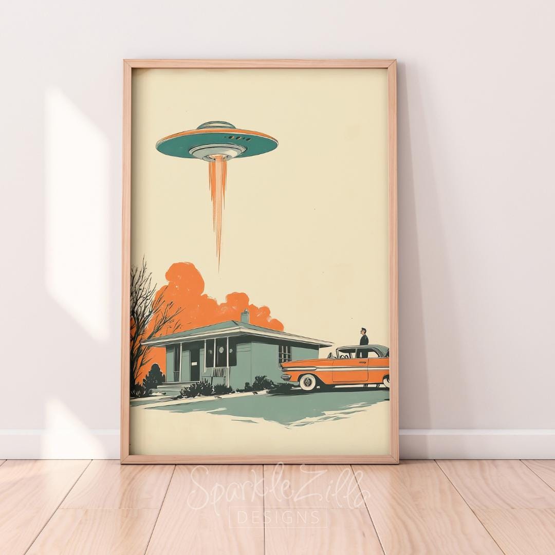 Vintage UFO Illustration Printable Wall Art | Alien Abduction Art Space ...