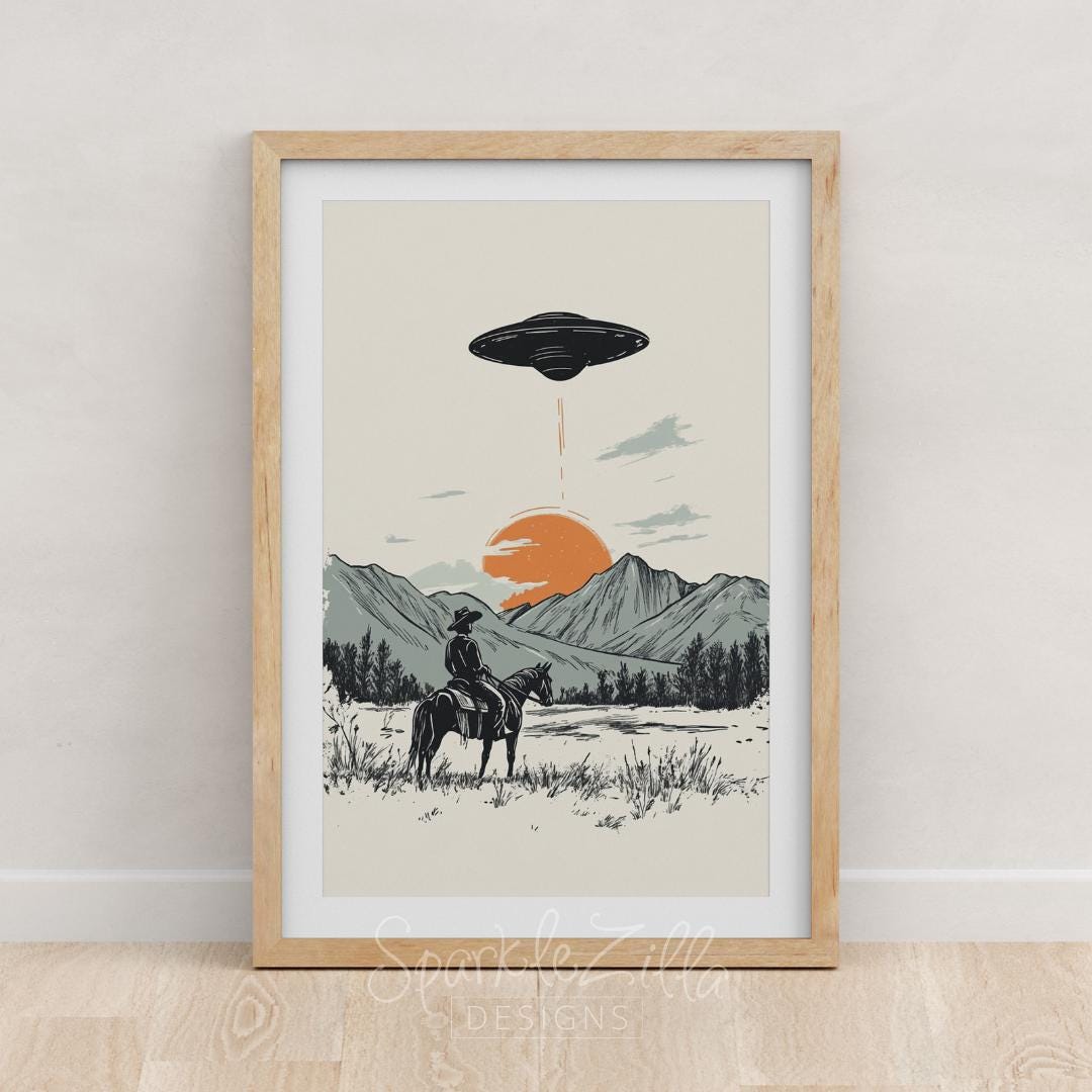 Vintage Cowboy and UFO Illustration Printable Wall Art | Alien ...