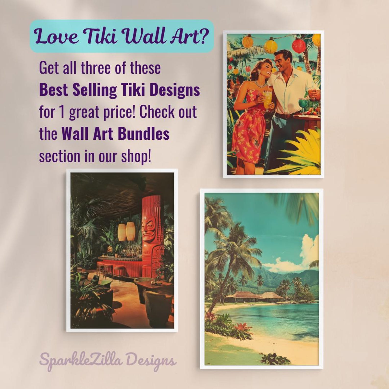 Vintage Tiki Bar Couple Printable Wall Art | Atomic Tiki Prints | Retro ...