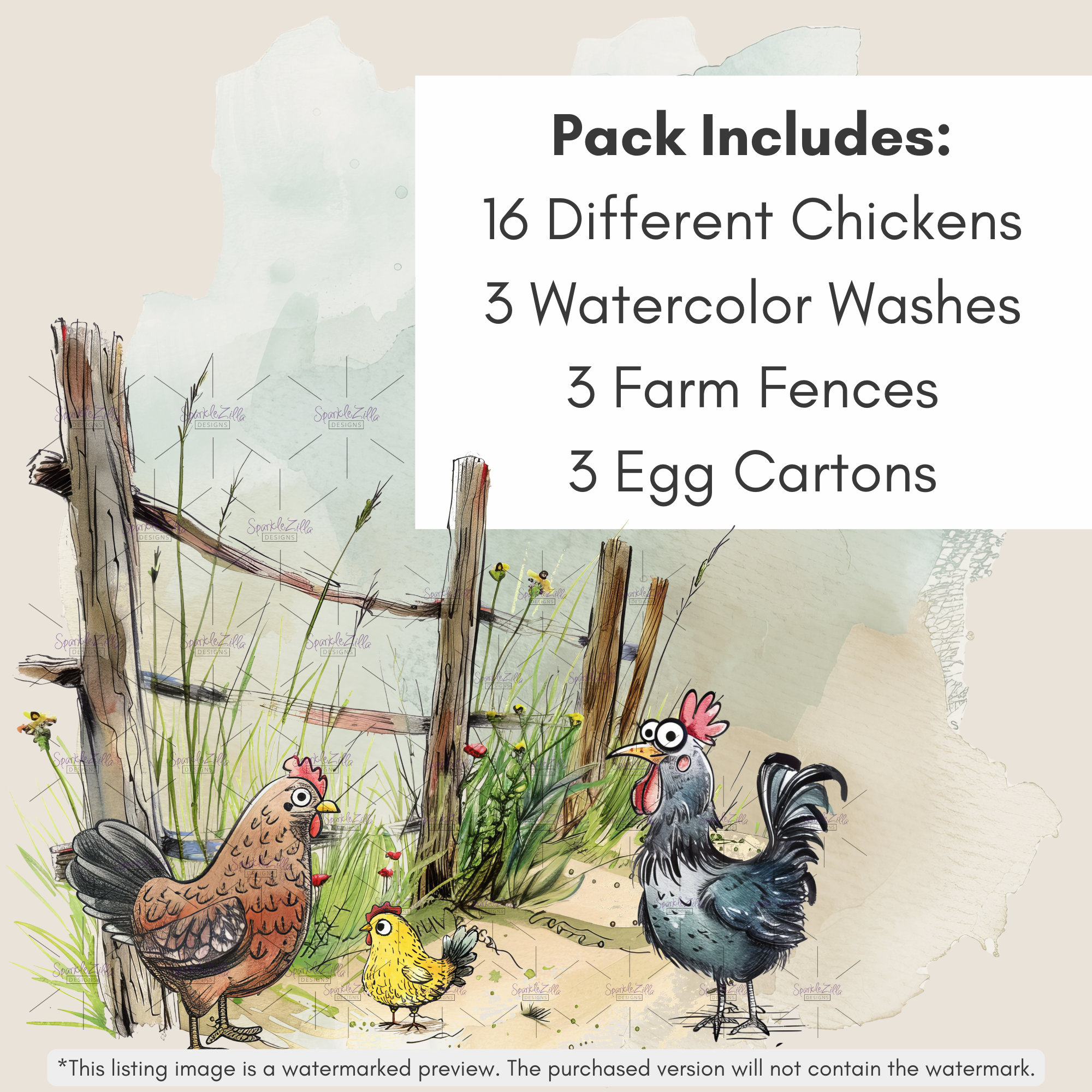 25 PNG Watercolor Quirky Farm Animal Clipart | Quirky Chicken Clipart ...