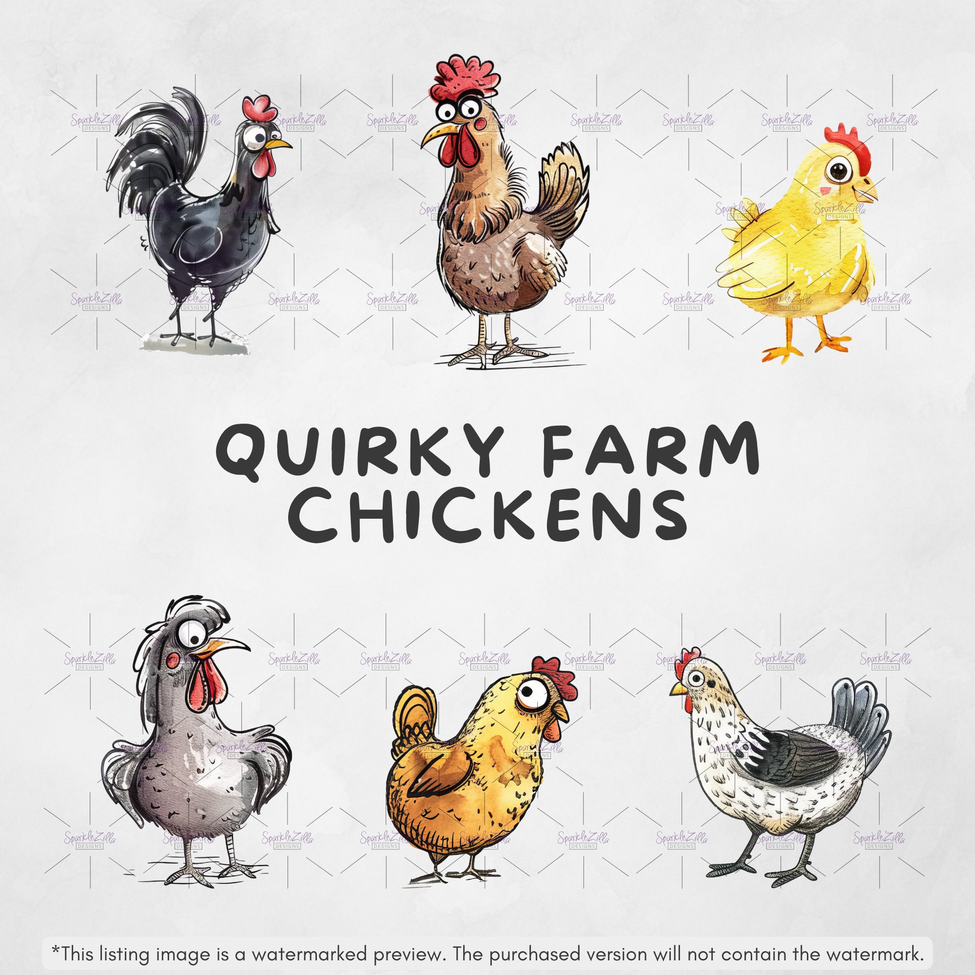 25 PNG Watercolor Quirky Farm Animal Clipart | Quirky Chicken Clipart ...