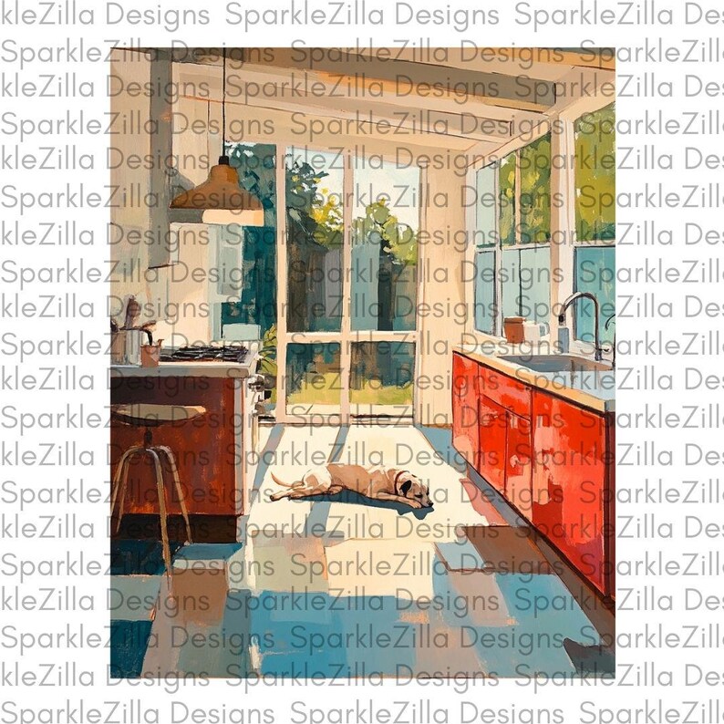 Modern Kitchen With Dog Printable Wall Art | Dog Lover Art | Midcentury ...