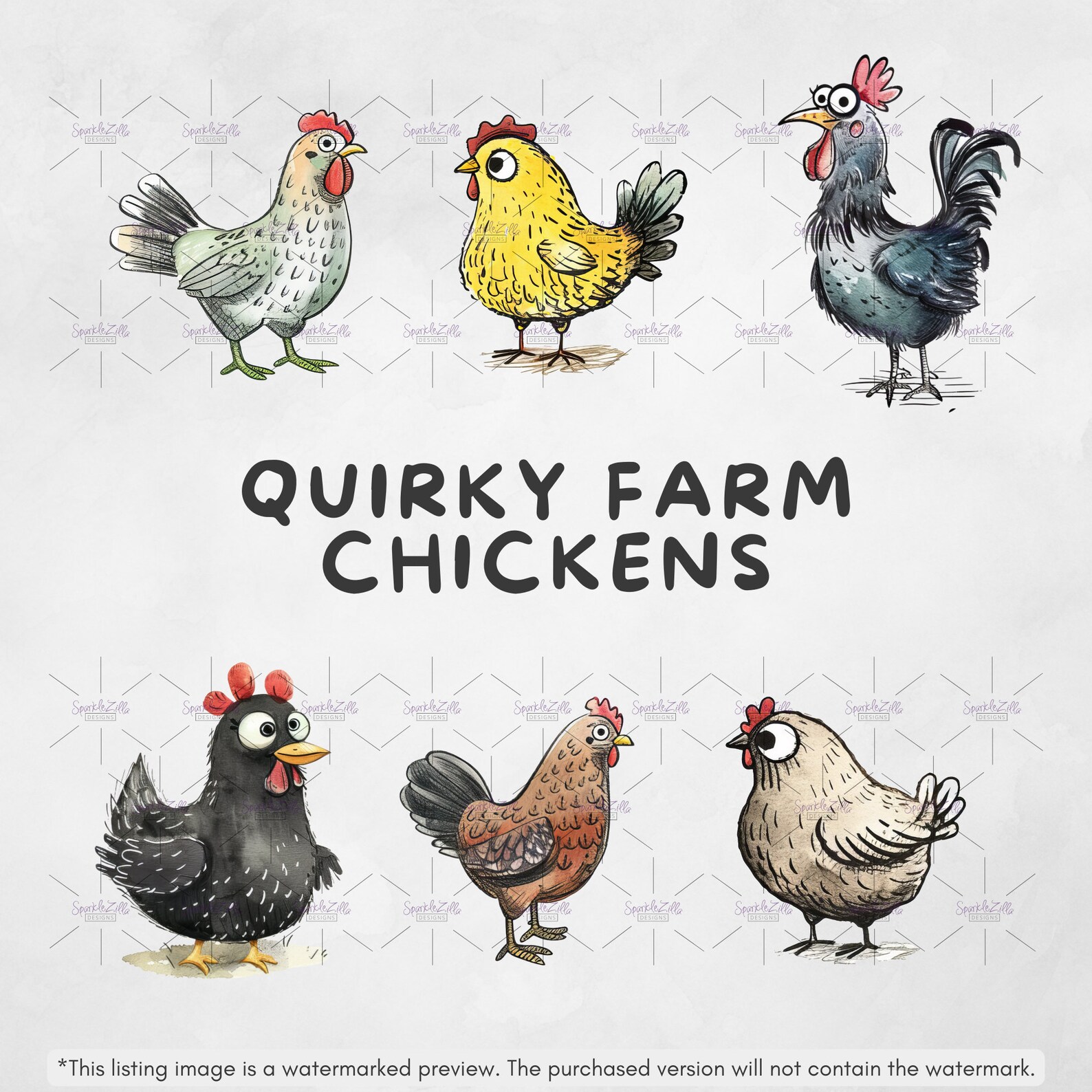 25 PNG Watercolor Quirky Farm Animal Clipart | Quirky Chicken Clipart ...