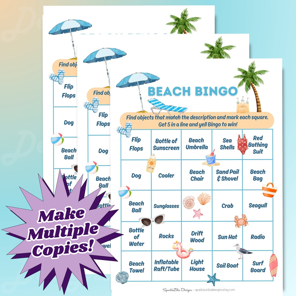 Beach Theme Bingo Game | Party Game Ideas | Beach Bridal Shower Games ...