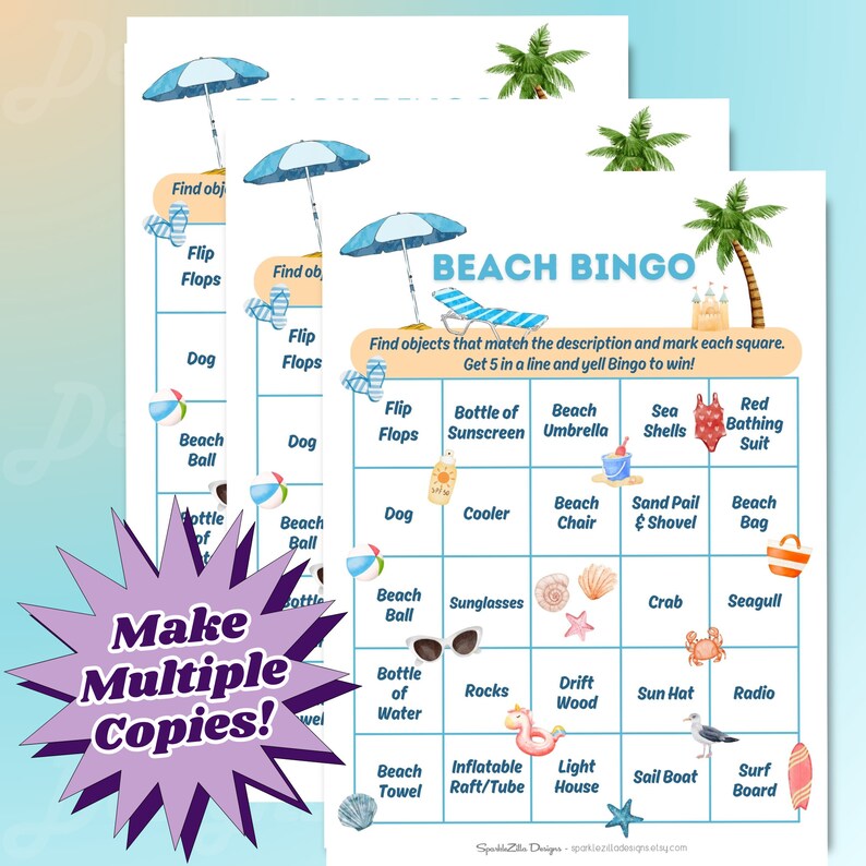 Beach Theme Bingo Game | Party Game Ideas | Beach Bridal Shower Games ...