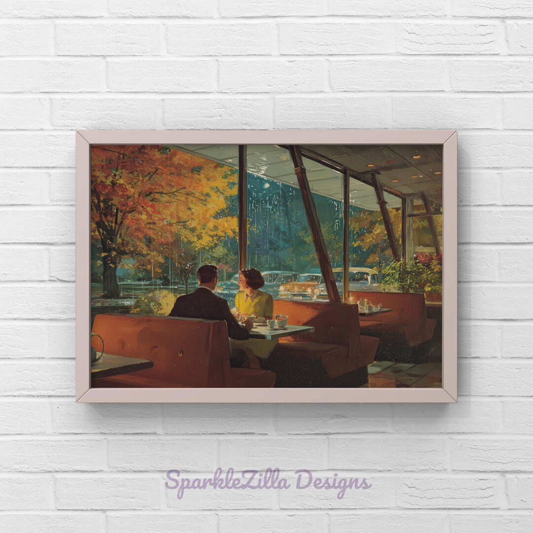 Romantic Coffee Shop Printable Wall Art, Cozy Retro Diner Couple ...