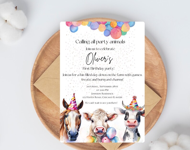 Farm Animals Editable Birthday Invitation OINK CLUCK MOO Canva Template ...