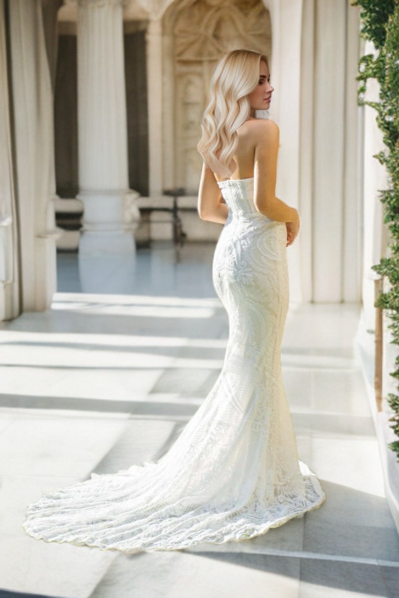 Amari Sequin Gown Elegant Shiny Sequin Mermaid Strapless Sweetheart Wedding Dress Sparkle Boho ...