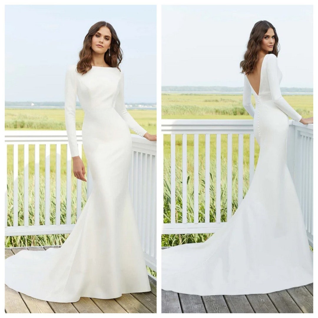 Piper Gown Long Sleeves Crepe Mermaid Wedding Dress Open V Neck Back ...