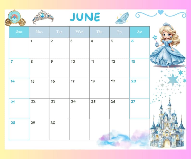 Cinderella Disney Inspired Calendar | June 2026 Calendar | Princess ...