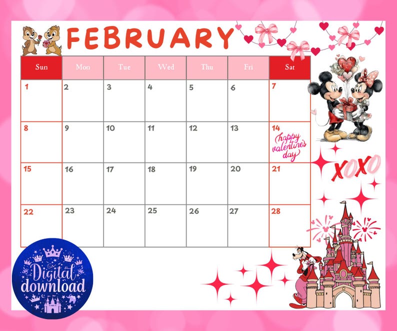 February 2026 Disney Inspired Calendar | Valentines Love Calendar ...