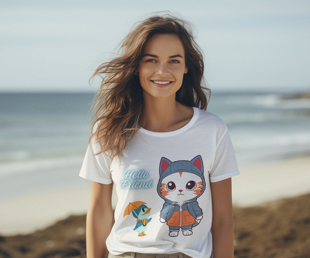 Hello Friend Cat T-shirt, Cute Cat and Duck Rainy Day Friendship Soft ...