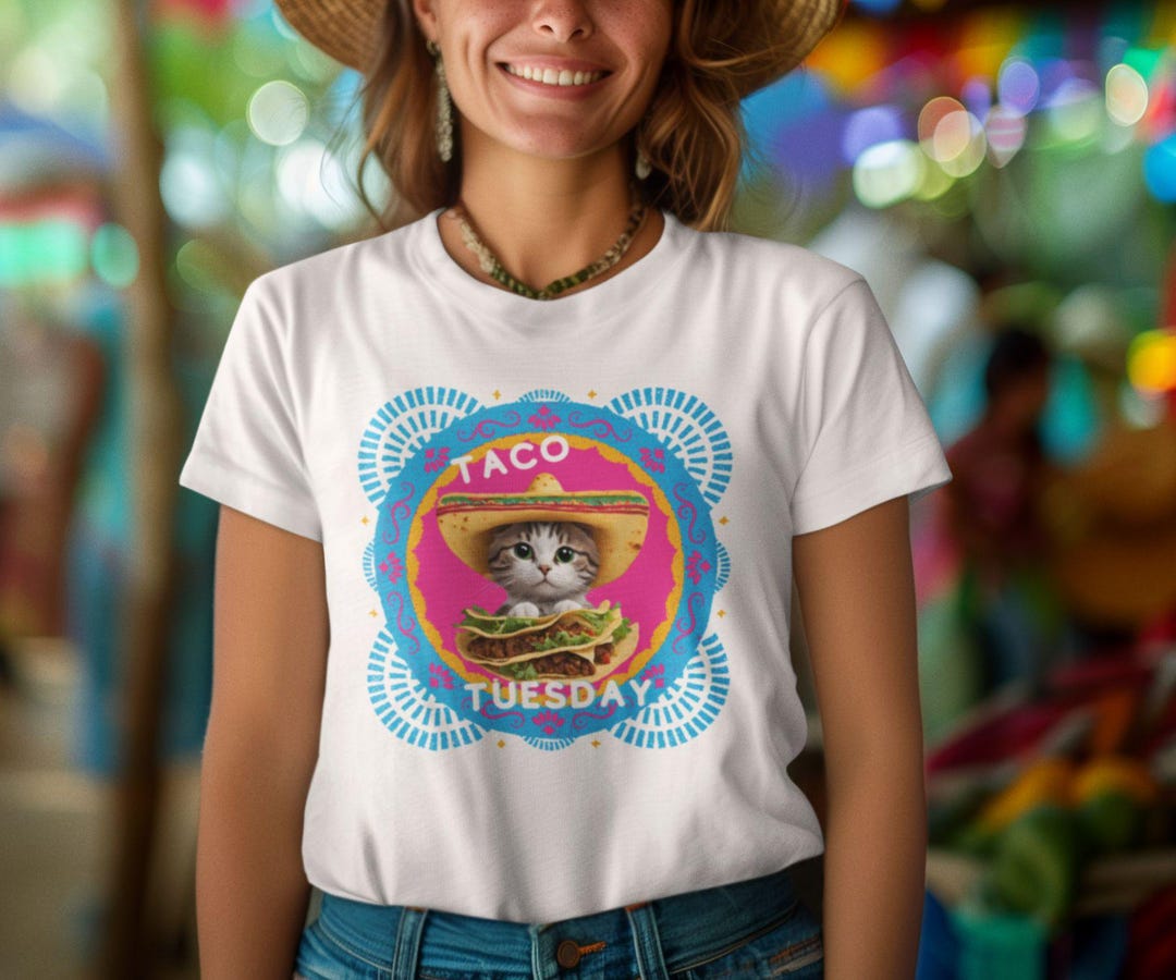 Taco Tuesday Cat T-shirt Cute Cat in Sombrero Eating a Taco Perfect for ...