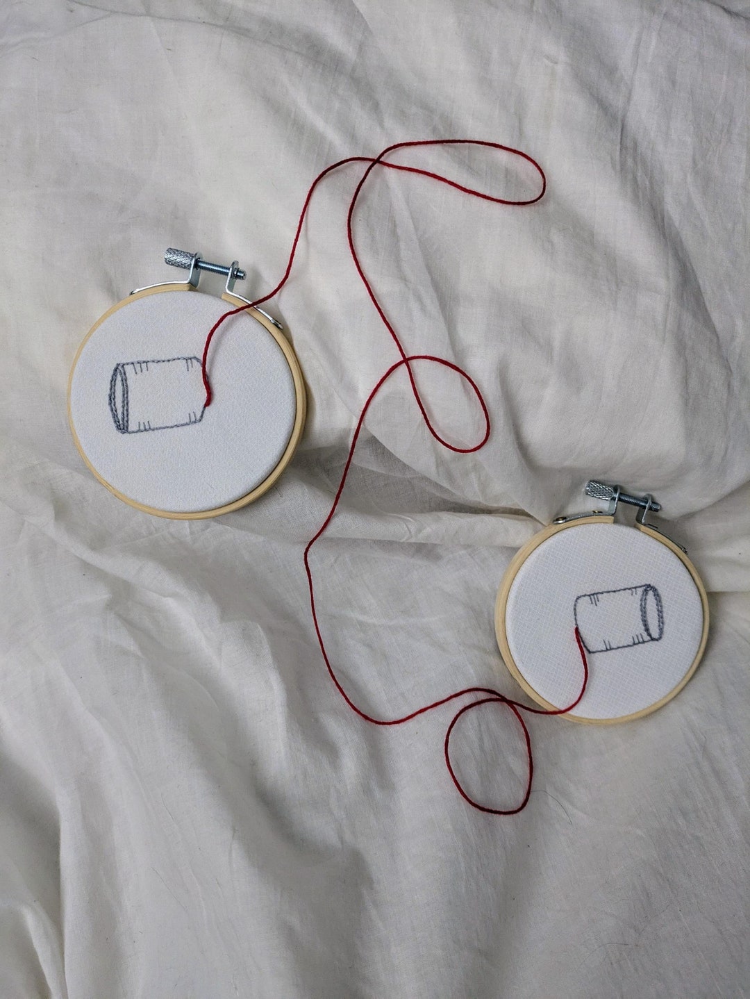 TIN CAN PHONES set of 2 2 Hand-embroidered Tin Cans Connected by a ...