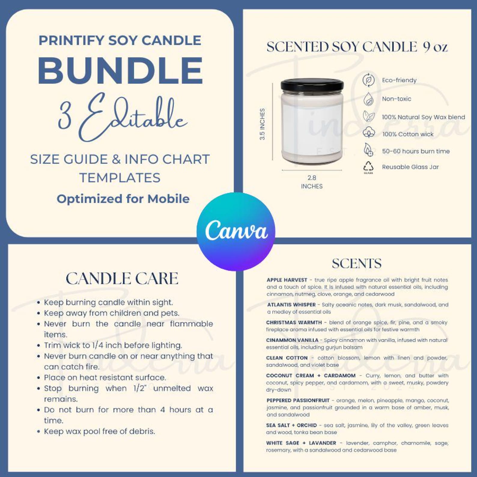 Soy Candle Templates Canva Size Guide Candle Care Card Editable Size ...