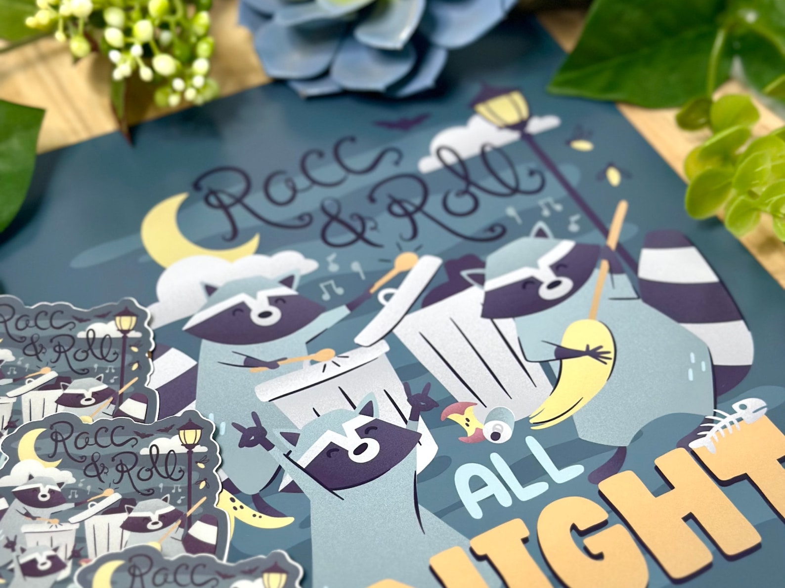 Raccoon Rock Band Sticker "racc and Roll All Night" Waterproof Kids ...
