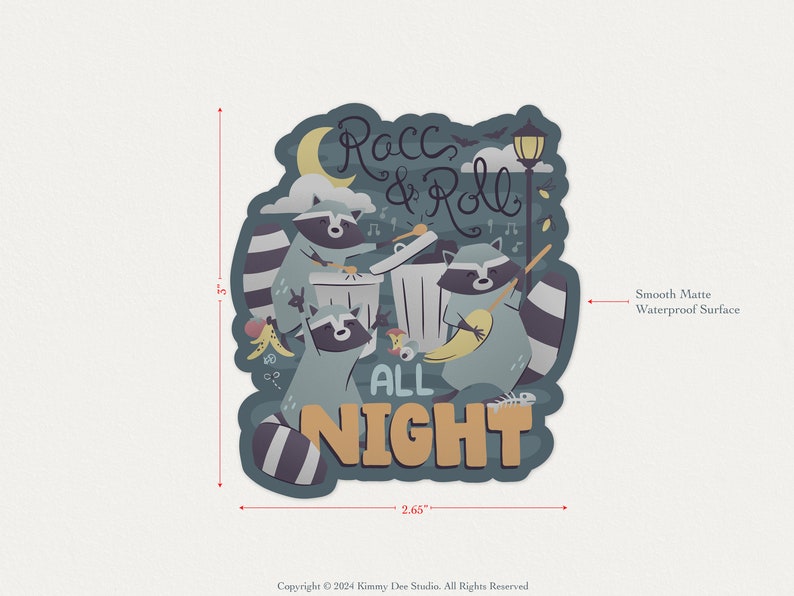 Raccoon Rock Band Sticker "racc and Roll All Night" Waterproof Kids ...