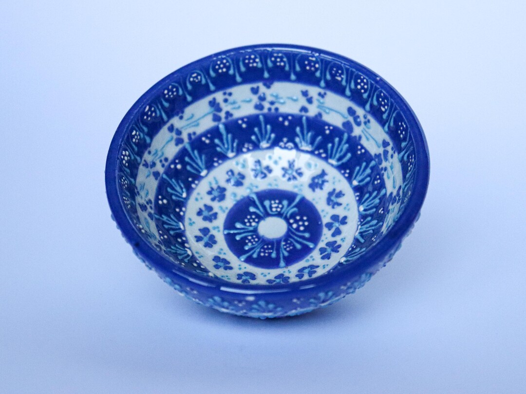 Ceramic Blue Bowl, Turkish Pattern Serving Pot, Handmade Embossed ...