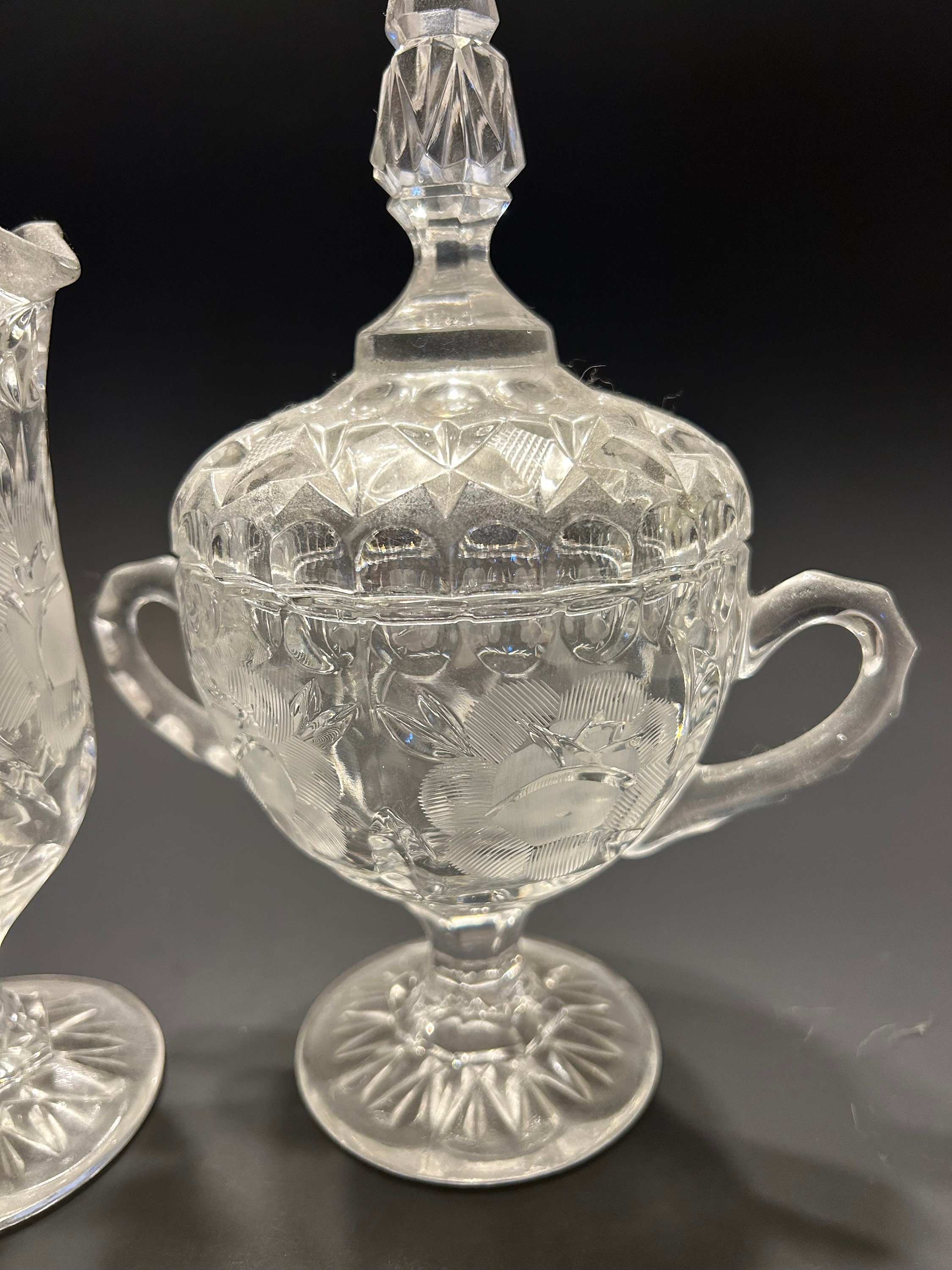 Vintage Crystal Glass Sugar Bowl And Creamer Set With Etched Rose And