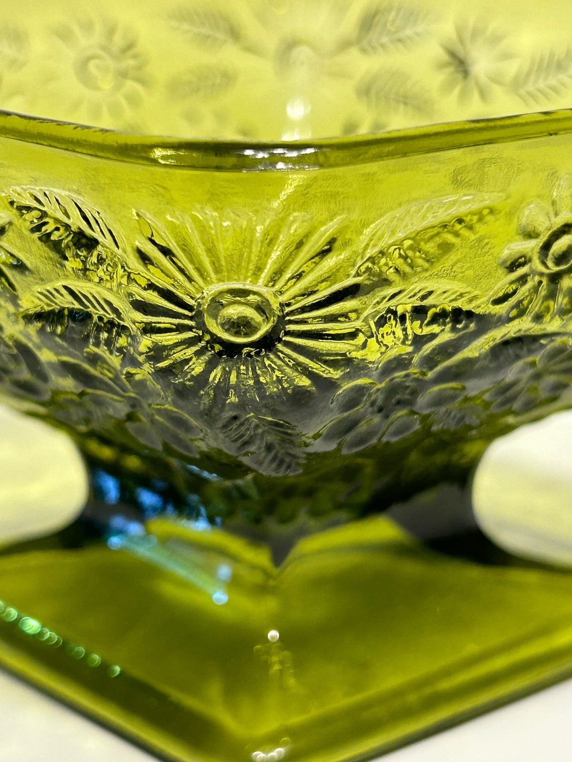 Avocado Glass Daisy Diamond Shaped Bowl, Candy Dish - Etsy