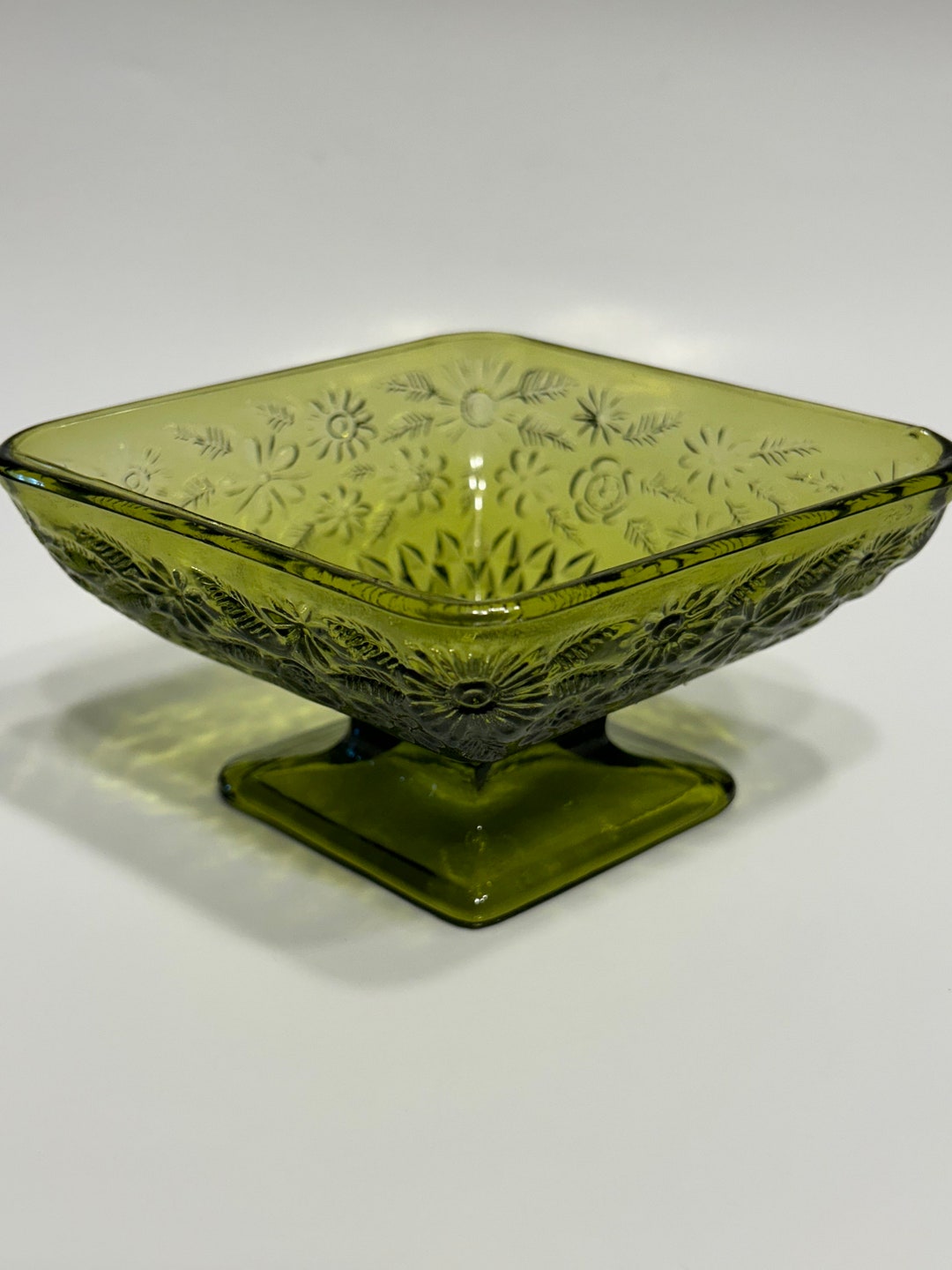 Avocado Glass Daisy Diamond Shaped Bowl, Candy Dish - Etsy