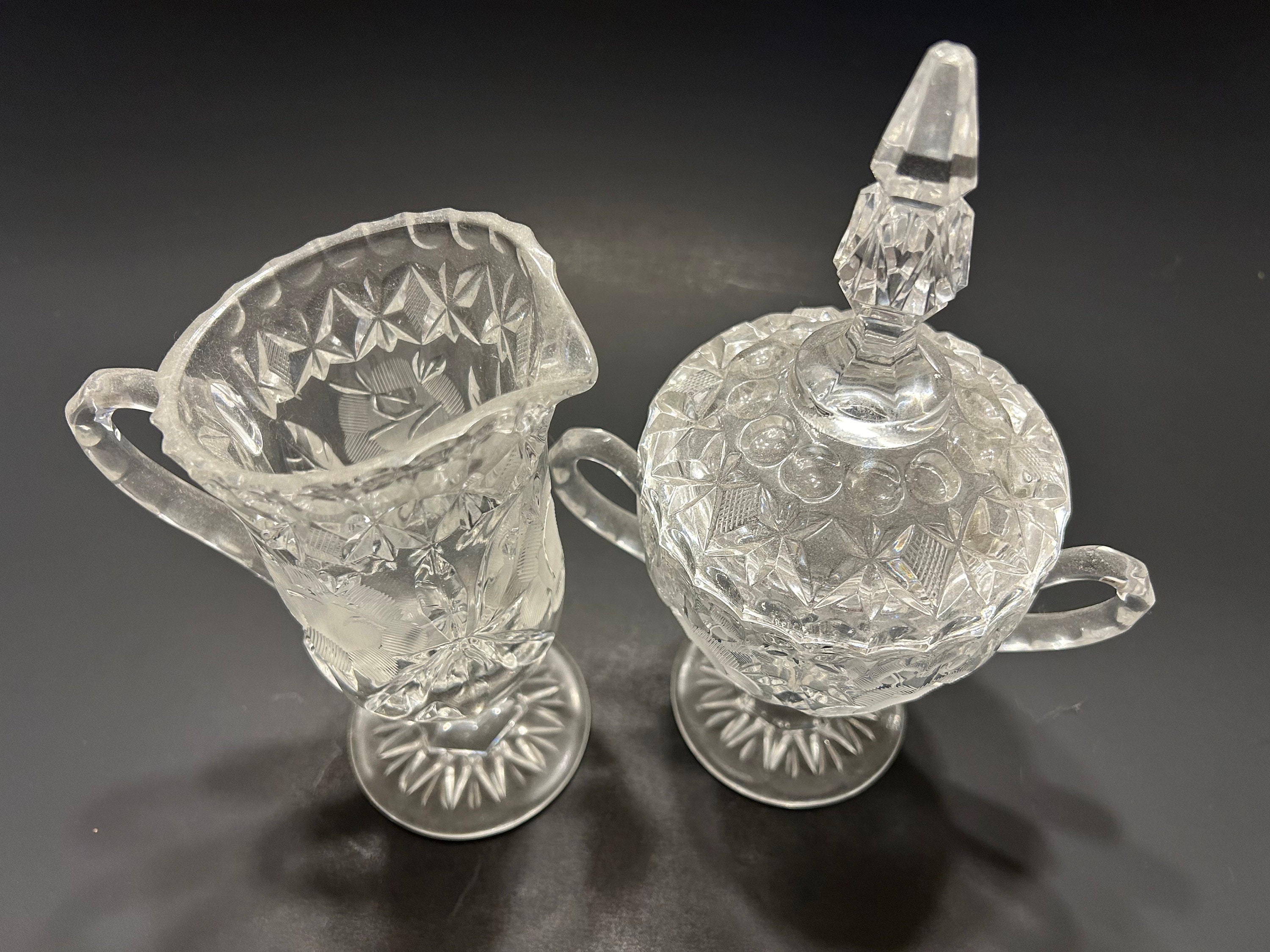 Vintage Crystal Glass Sugar Bowl And Creamer Set With Etched Rose And