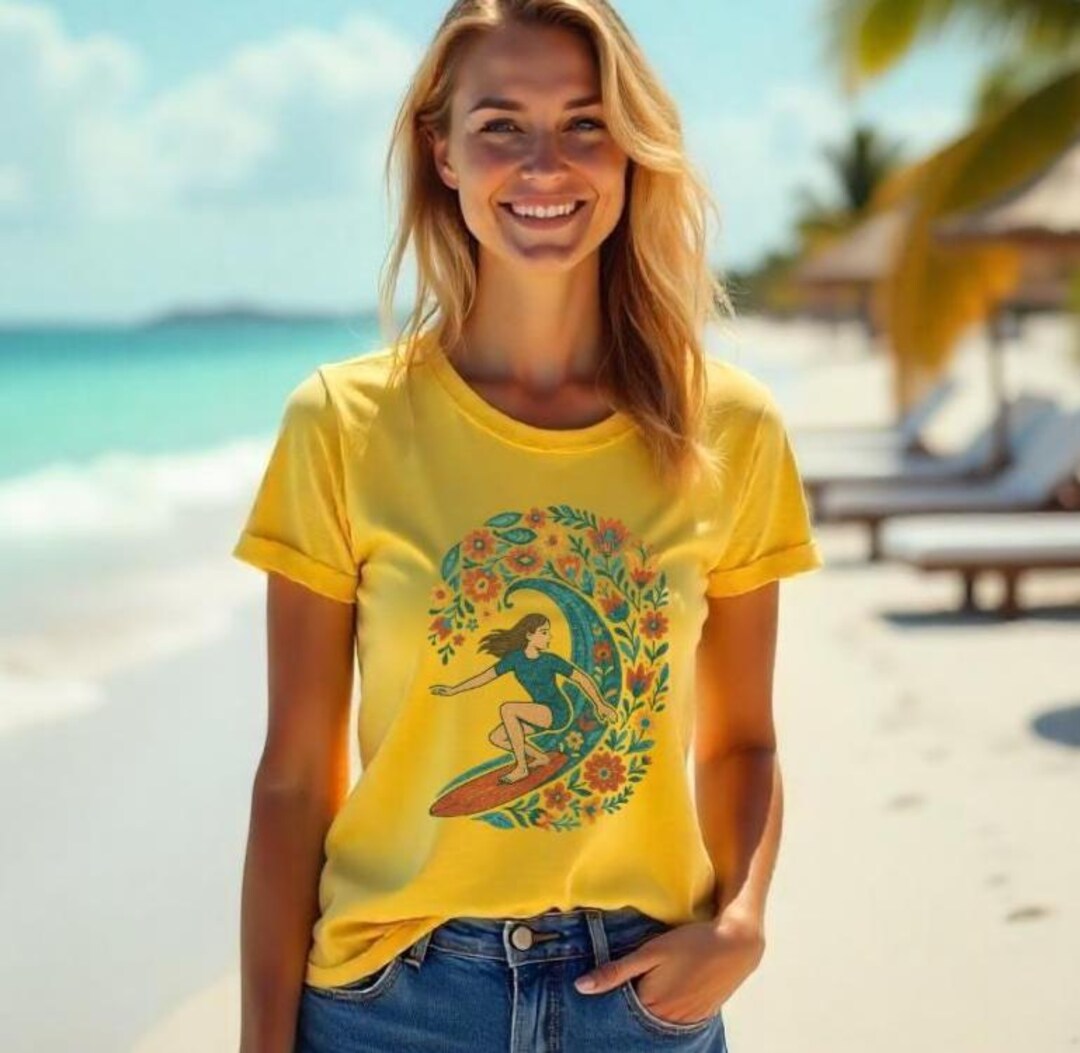 Surfer Girl Floral Shirt, Surfing Folk Art Scandi Art Beach Life T ...