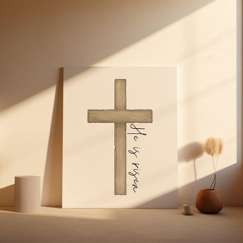 He is Risen Wall Art, Religious Easter Print, Cross and Cursive ...