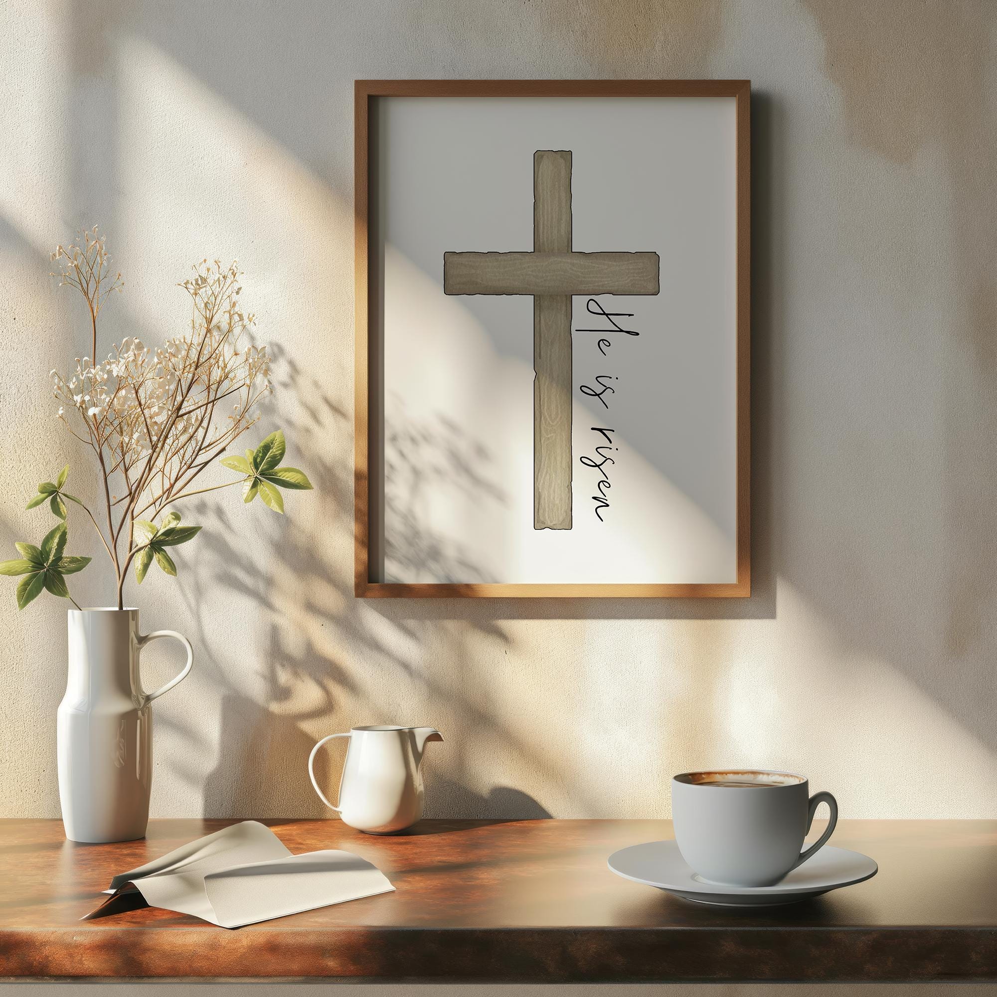 He is Risen Wall Art, Religious Easter Print, Cross and Cursive ...