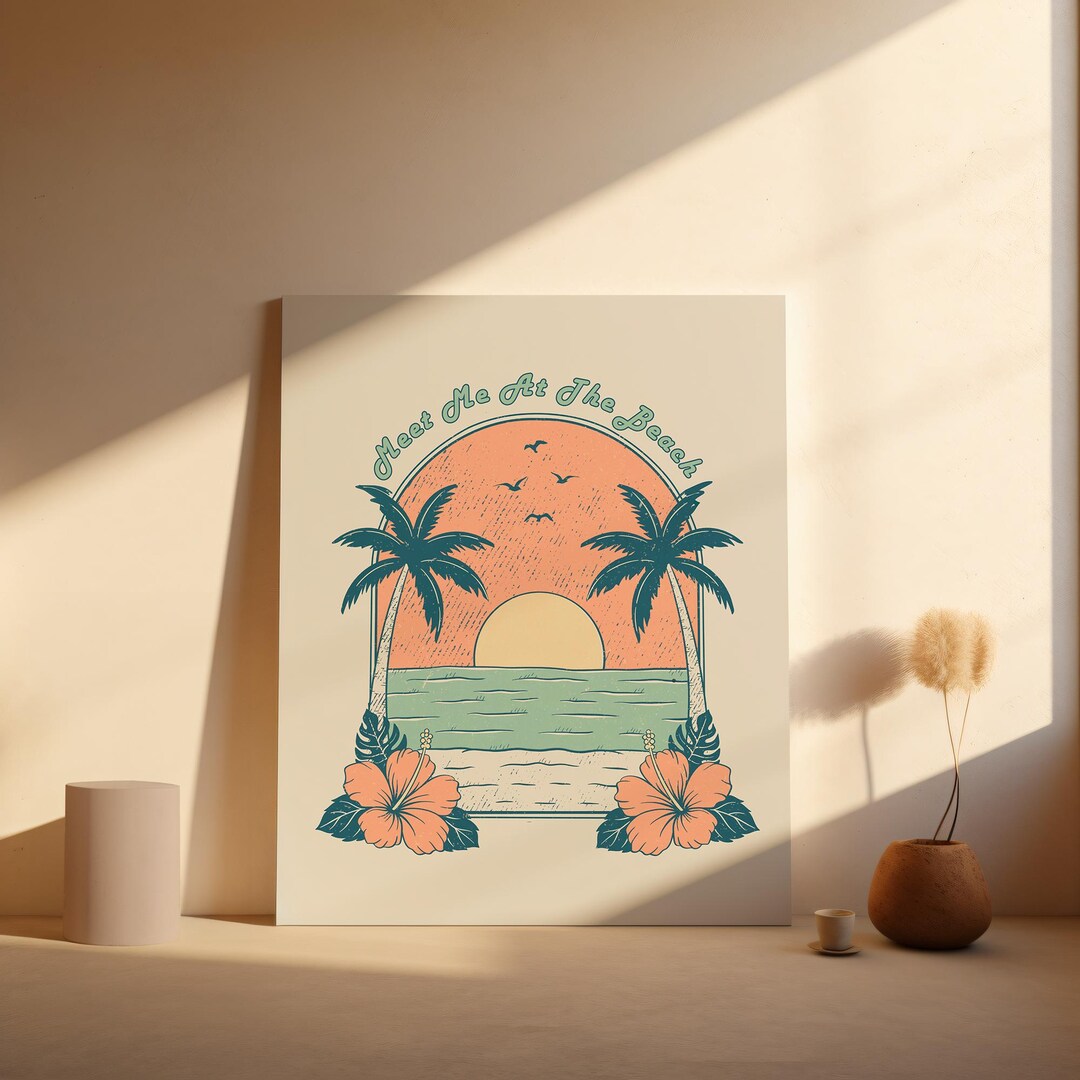 Retro Beach Wall Art Digital Download, Sunset Palm Tree Print, Tropical ...