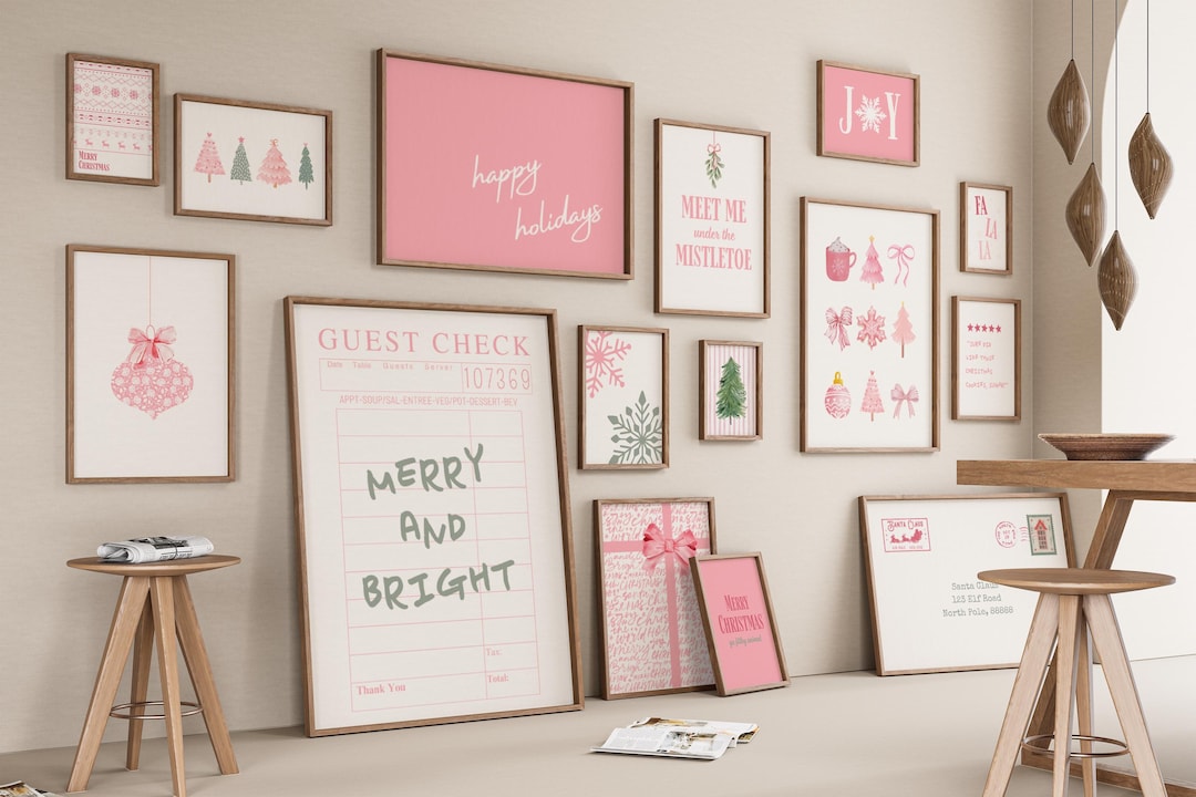 Pink Christmas Gallery Wall Art, Trendy Holiday Print, Coquette ...
