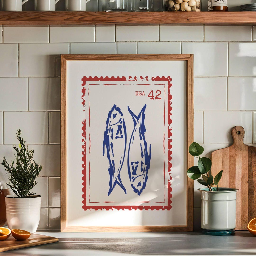 Sardines Print, Vintage Stamp Art, Fish Poster, Retro Kitchen Wall Art ...