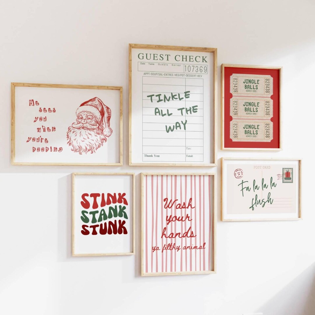 Santa Bathroom Prints Set of 6, Funny Toilet Wall Art for Christmas ...
