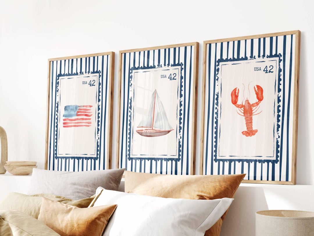 Beach Stamp Set of 3 Prints, Watercolor Coastal Wall Art, Navy Coastal ...