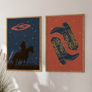Space Cowgirl Print, Set of 3, Retro Cosmic Wall Art, UFO Western Decor ...