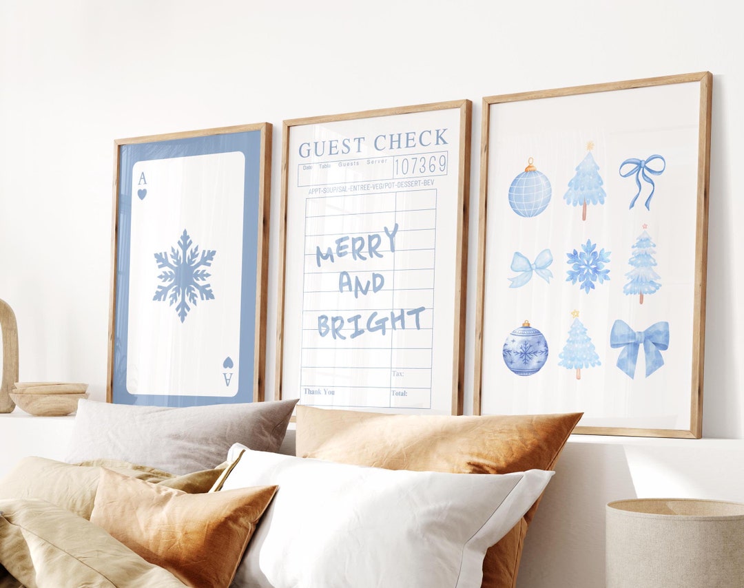 Blue Christmas Wall Art Set of 3, Trendy Holiday Print, Coquette ...