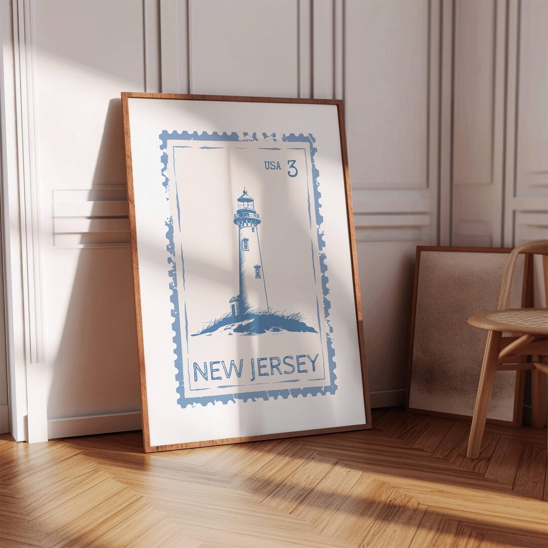 New Jersey State Stamp Print, Retro Travel Wall Art, Blue Lighthouse ...