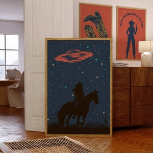 Space Cowgirl Print, Set of 3, Retro Cosmic Wall Art, UFO Western Decor ...