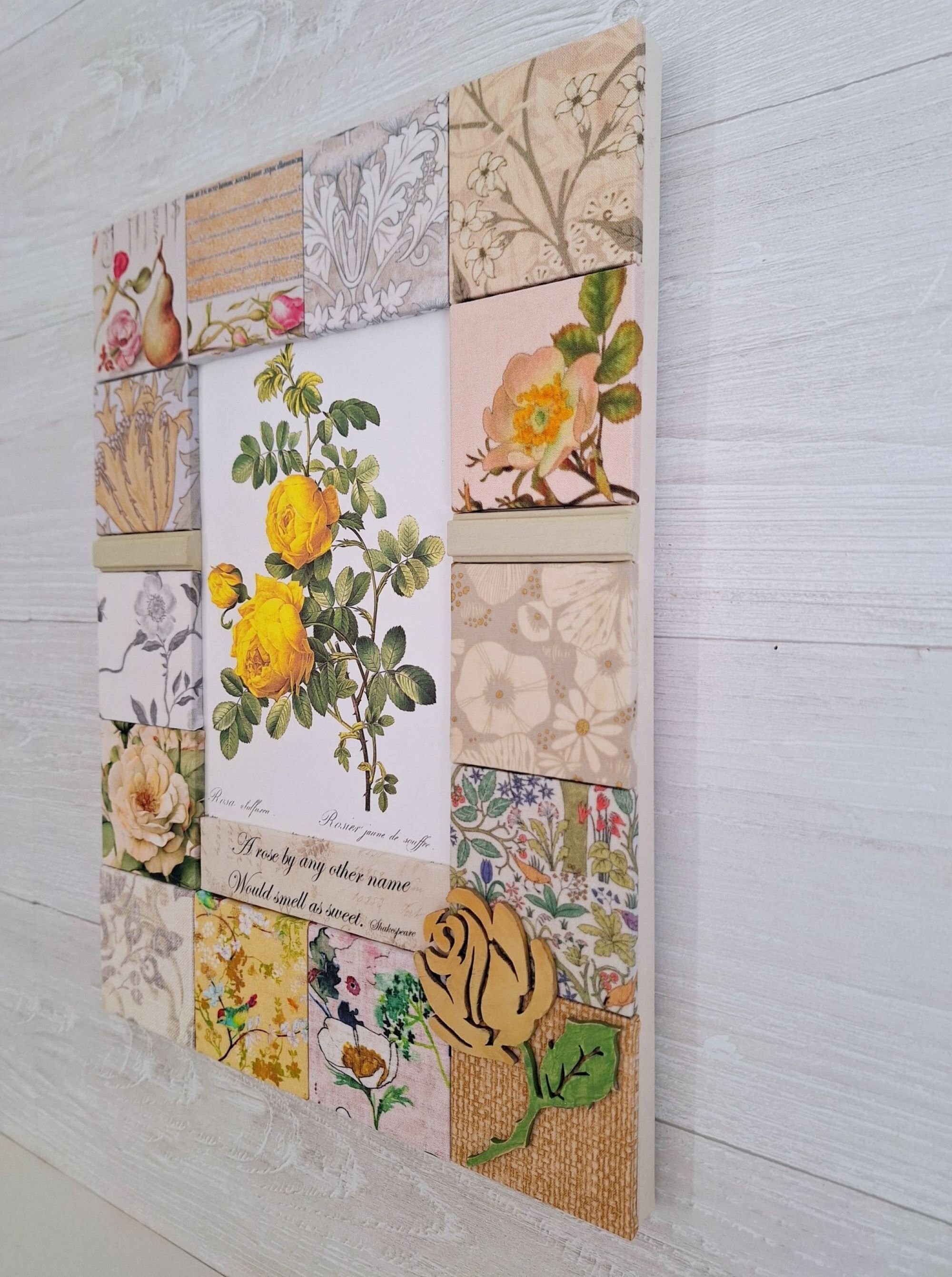 Yellow Roses Floral Art, Collage Wall Art, Painter Redoute', Fabric Art ...