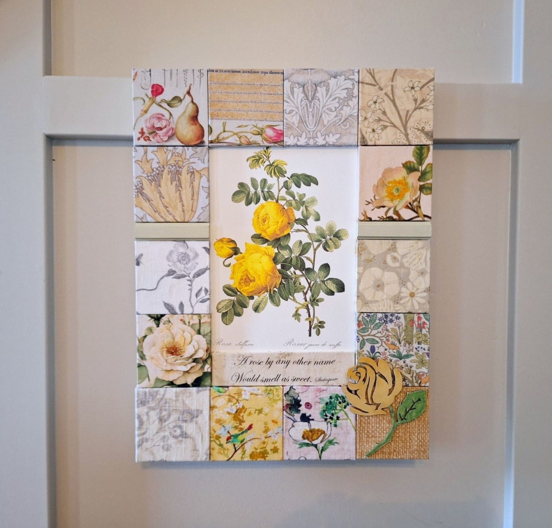 Yellow Roses Floral Art, Collage Wall Art, Painter Redoute', Fabric Art ...