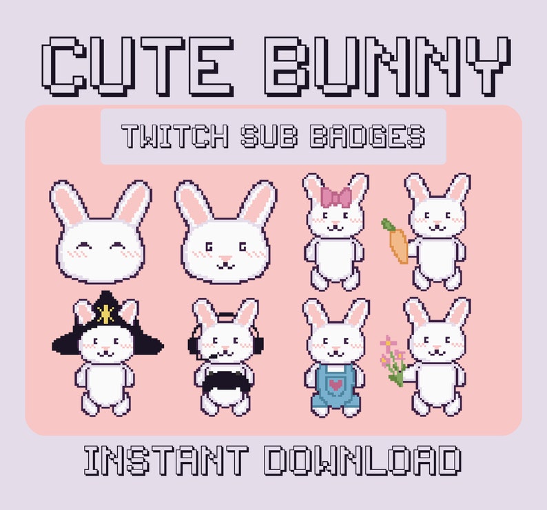 Pixel Bunny Badges Cute Gamer Icons Adorable Custom Stream Sub Badges ...